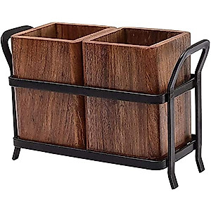 Will and Weaves Wooden Cutlery Holder Spoon Holder Cutlery Organizer Wood Cutlery Stand with Black Iron Stand