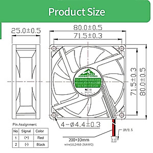 Security-01 80mm by 80mm by 25mm 8025 12V DC 0.20A Dual Ball Bearing Brushless Cooling Fan 2pin AV-F8025MB UL CE (Pack of 2)
