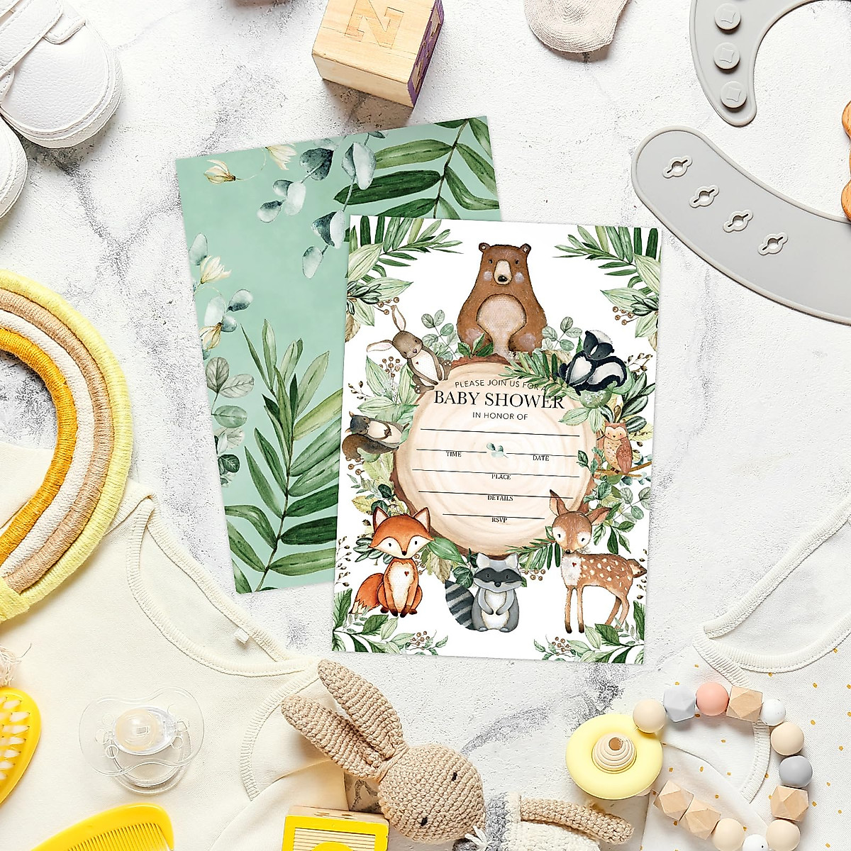 Whaline 25 Sets Woodland Baby Shower Party Invitations with Envelope Stickers Watercolor Forest Animal Greenery Invitation Cards Blank Invites for Baby Shower Birthday Party Supplies, 5 x 7 Inch