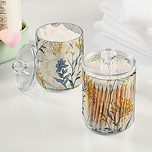 WELLDAY Apothecary Jars Bathroom Storage Organizer with Lid - 14 oz Qtip Holder Storage Canister, Beige Yellow Flowers Clear Plastic Jar for Cotton Swab, Cotton Ball, Floss Picks, Makeup Sponges,Hair