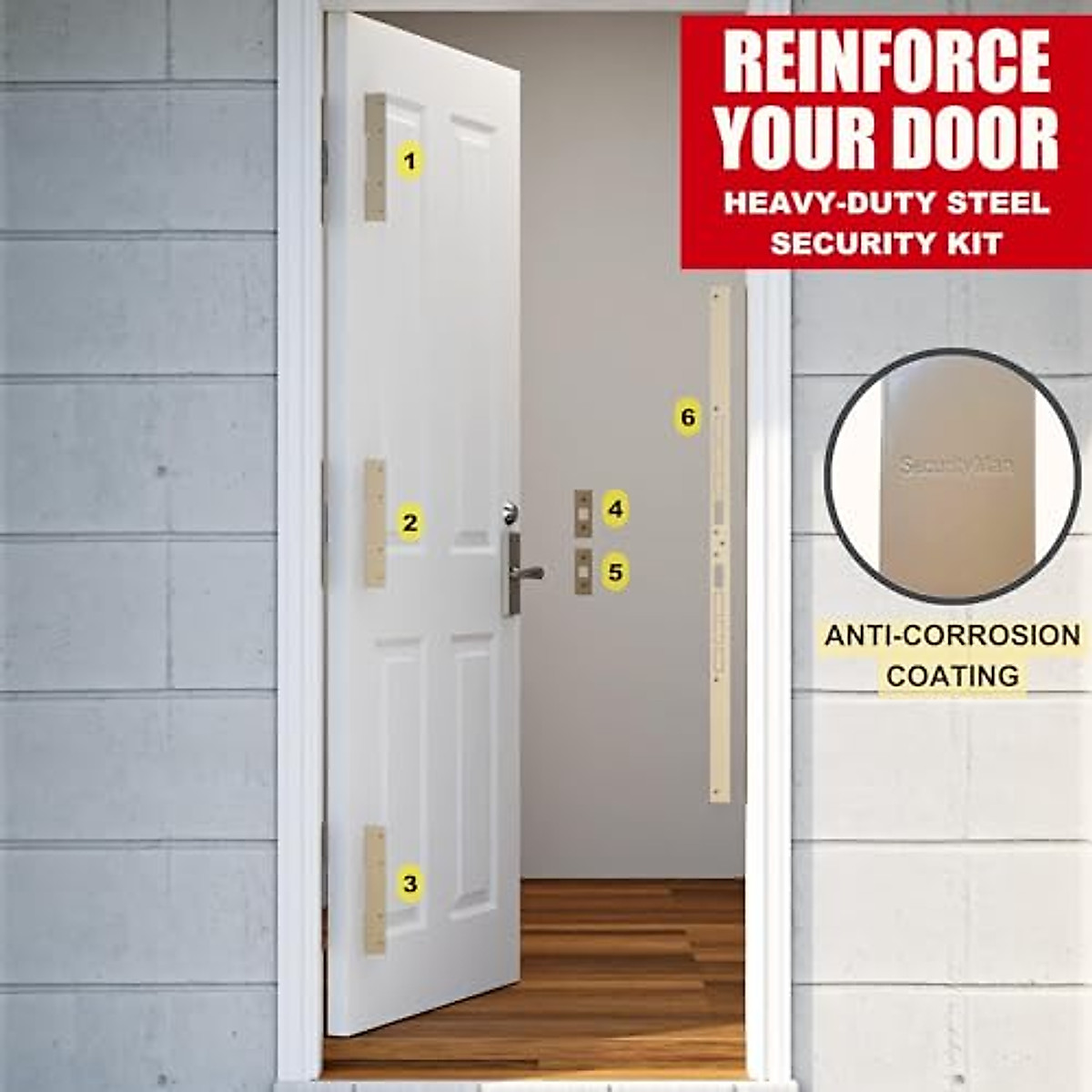 SECURITYMAN Super Door Jamb Reinforcement Set - Fortify Your Home (15GA Thick Steel) - Anti Door Kick in Heavy Duty Striker Plate Kit - Tamper/Corrosion Proof Door Jamb Repair Kit