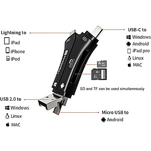 [MFi Certified] 4in1 SD Card Reader for iPhone That Reads Both SD TF Memory simultaneously,for Trail Camera/Hunting Game Camera Viewer Plays Video Photo on All Latest Apple iOS