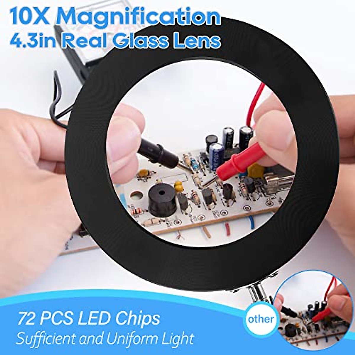 10X Magnifying Glass Lamp, Adjustable Swing Arm 72 LEDs Real Glass Lens Magnifier Light,3 Color Modes 10 Stepless Dimmable,Perfect for Daily Reading,Hobbies, Crafts, Workbench (Black)