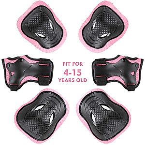 ValueTalks Protective Gear Sets for Youth/Kids Adjustable Safety Knee Pads and Elbow Pads Wrist Guards for 5~15yrs Girls Boys Teens Cycling Skating Roller Skateboard Bike Scooter Outdoor Sports