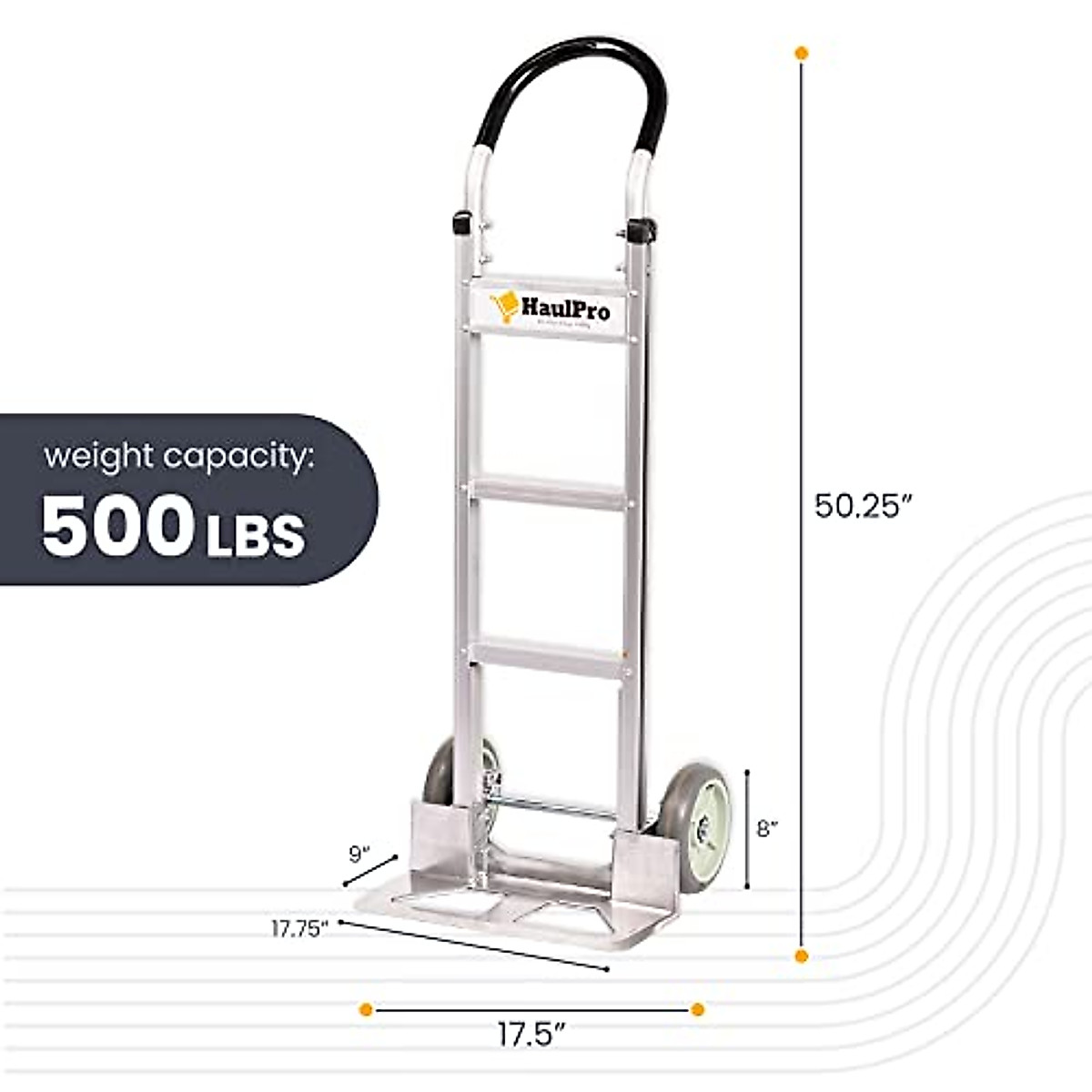 HaulPro Heavy Duty Aluminum Hand Truck - 8" Wheels with Horizontal Loop Handle and 500 lbs Load Capacity | 50.25" High, 17.5" Wide and 17.75" x 9" Diecast Nose Plate