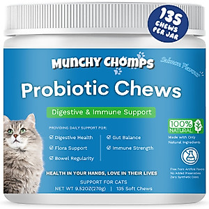 Munchy Chomps Probiotic Chews for Cats - Digestive & Immune Support with Prebiotics, Postbiotics & Enzymes - Promotes Gut Balance & Bowel Regularity (Salmon)