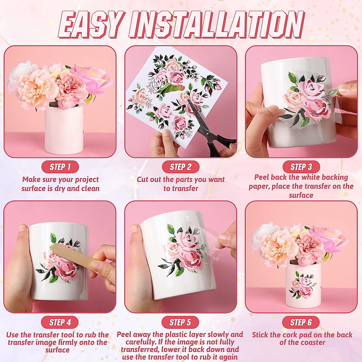 Glenmal 24 Sheets Sunflower Rub on Transfers for Crafts and Furniture Rub on Transfer Stickers Fall Thanksgiving Rub on Decals Floral for Wood DIY Craft Furniture, 5.9 x 5.9 Inch(Rose Style)