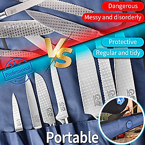 XYJ Kitchen Knife Block Sets 7pcs Stainless Steel Chef Knife Canvas Knife Bag Drawer Knife Holders Cooking Knife For Meat Fish Vegetable Cutting (Blue)