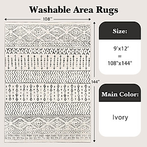 Art&Tuft 9x12 Area Rug, Super Soft Ultra-Thin Moroccan Washable Rug, Anti-Slip Backing Area Rugs 9x12 Living Room, Foldable Geometric Machine Washable Area Rug(9'x12', Ivory)