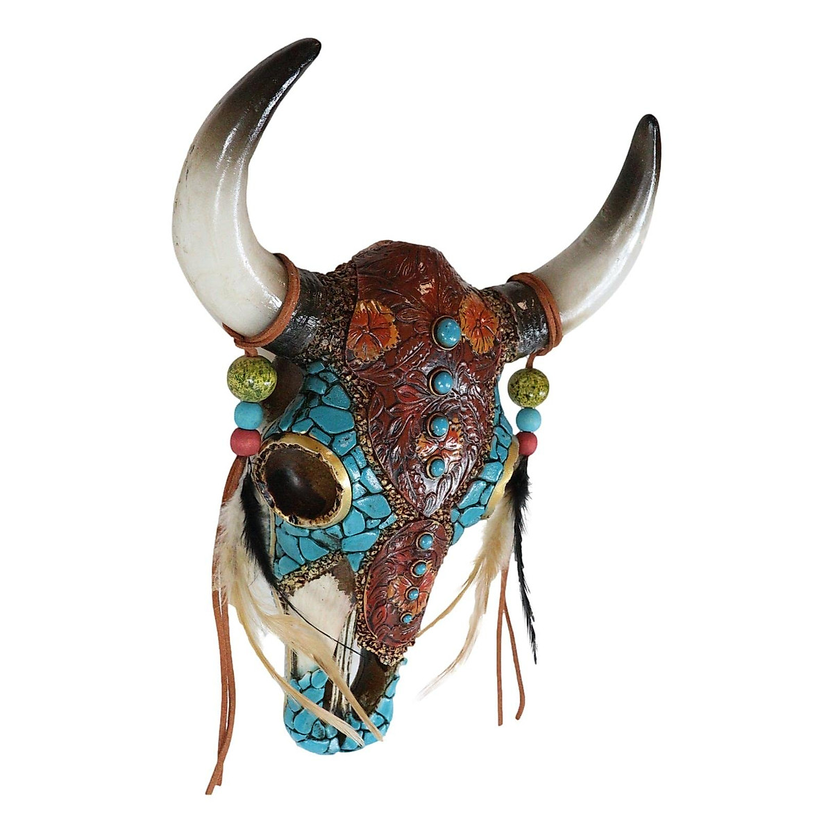 Ebros Gift Southwestern Tribal Indian Dreamcatcher Feathers Turquoise Beads and Faux Tooled Floral Leather Steer Cow Skull Wall Head Decor Hanging Plaque Bison Buffalo Wild Animal Resin Figurine