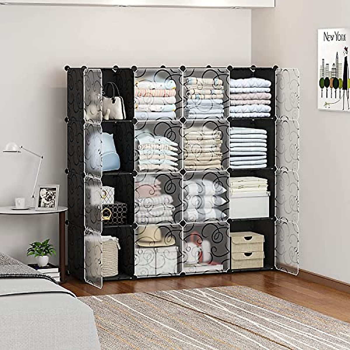 16 Cubby Clothes Storage Shelves, Cube Plastic Closet Organizer with Doors, 12" × 12" Modular , Portable Closet Wardrobe for Bedroom, Home, Black (4 × 4 Cubes)