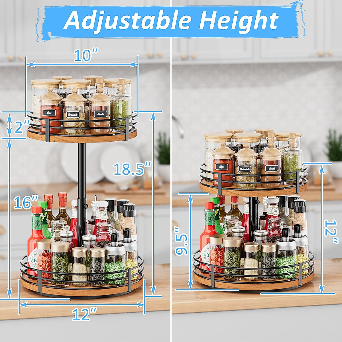OVICAR Lazy Susan Turntable Organizer Adjustable - 2 Tier Wood Rotating Spice Rack 12 Inch Lazy Susan for Kitchen Countertop Cabinet Pantry Cupboard Dining Table Bathroom Coffee Bar Home Storage