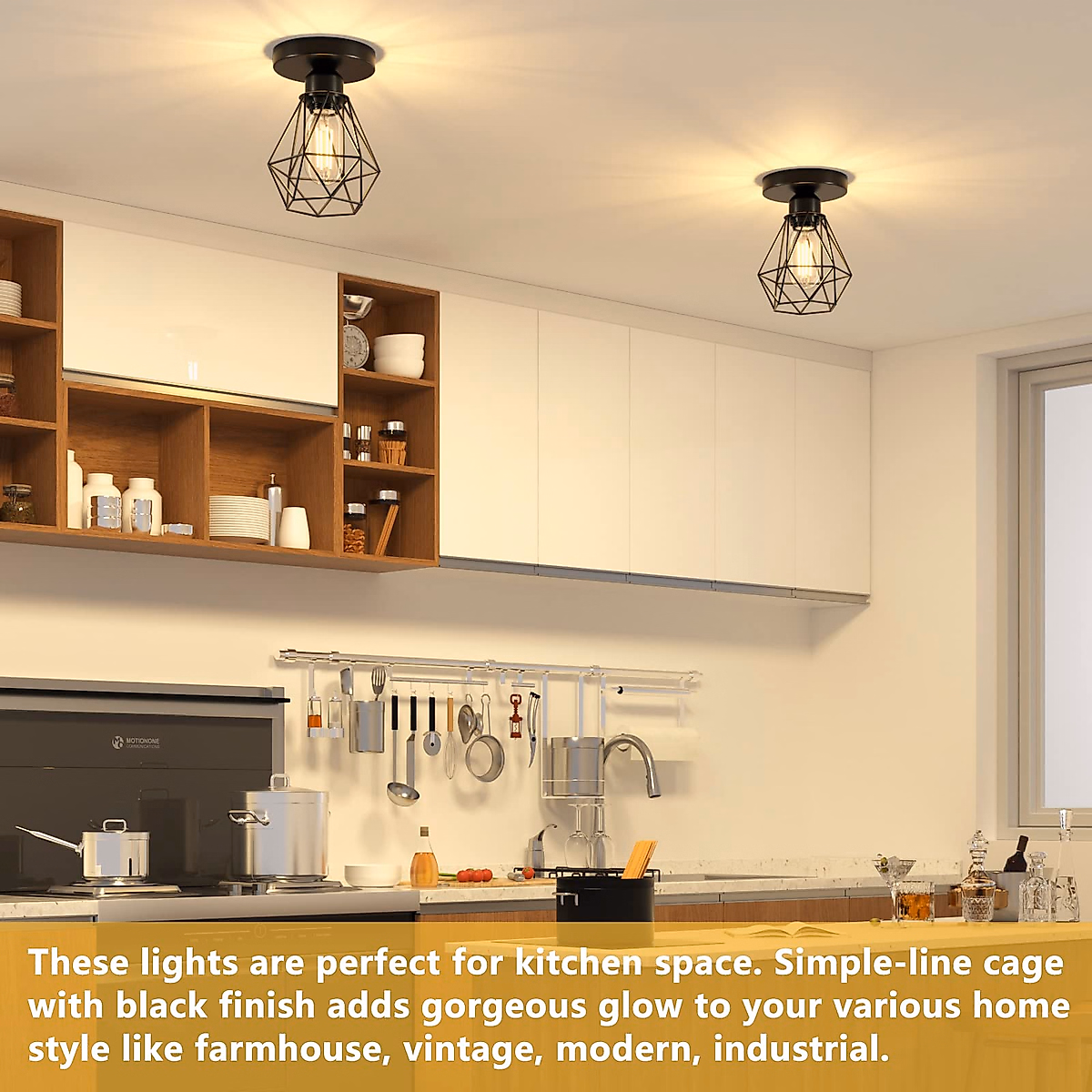 FadimiKoo 2-Pack Semi Flush Mount Ceiling Light, Black Hallway Light Fixtures Ceiling Mount, Farmhouse Metal Cage Pendant Indoor Modern Ceiling Lamp for Kitchen Porch Bedroom (LED Bulbs Included)