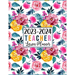 Teacher Lesson Planner 2023-2024: Large Weekly and Monthly Teacher Organizer Calendar | Lesson Plan Grade and Record Books for Teachers (Pink & Oeange Watercolor Flowers)