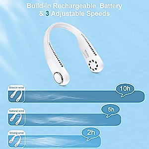 akface Portable Neck Fan Rechargeable, 3 Speeds Hands Free Bladeless Fan, Battery Operated Wearable Personal Fan for Women, Man (White)