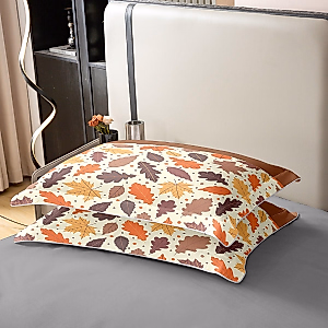 Watercolor Leaves 100% Natural Cotton Duvet Cover Queen Size Cartoon Fall Leaves Rustic Style Comforter Cover with 2 Pillowcases Brown Grid Stripe Autumn Bedding Set 3 Pcs Bed Cover