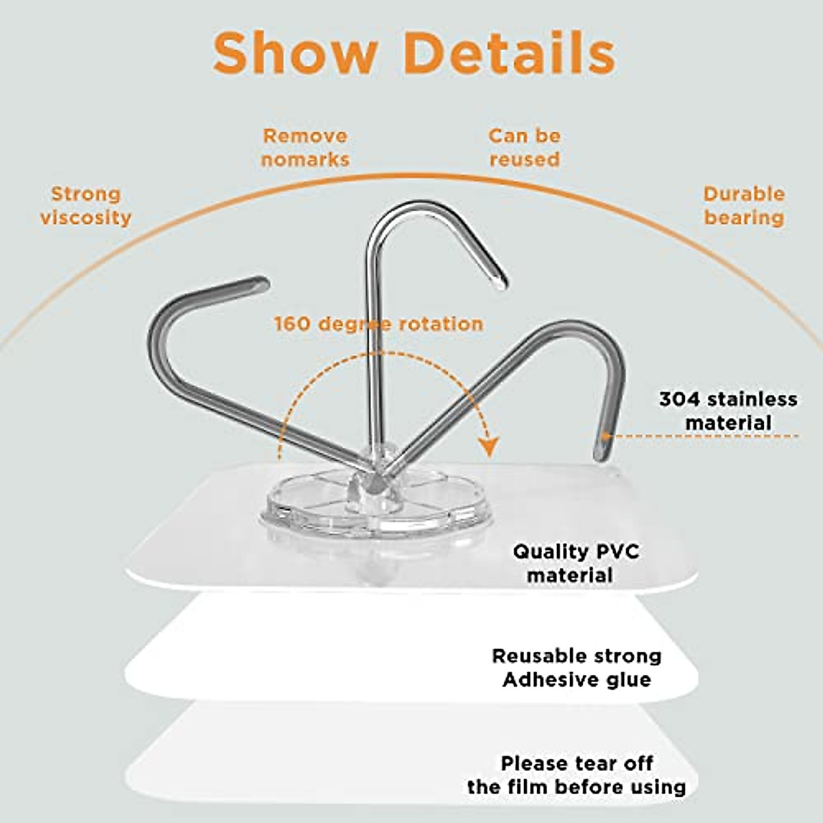 SIAWASE Adhesive Hooks, 22lb(MAX)Heavy Duty Transparent Wall Hooks,Nail Free Sticky with Stainless Hooks,Waterproof,Suitable for Kitchen,Bathroom,Home and Office-24PCS