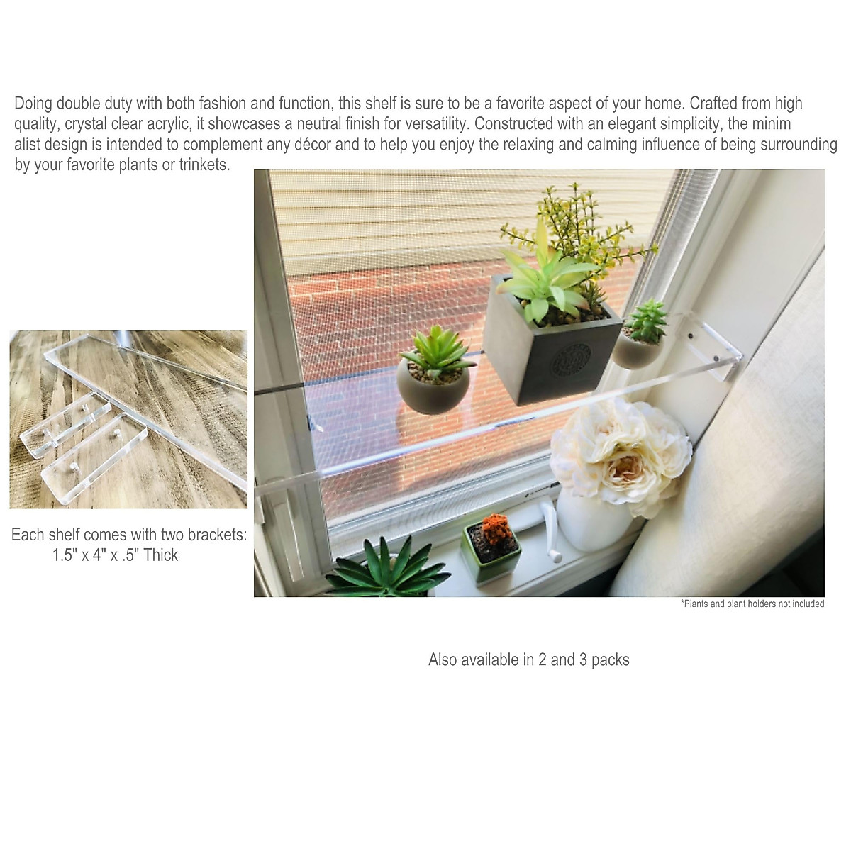 Elegant and Sophisticated Floating Window Shelf (29.5", Double Shelf) - Crystal Clear Recessed Durable Strong Acrylic Trinket, Plants and Succulents Indoor Collection Display Stand Trendy Modern