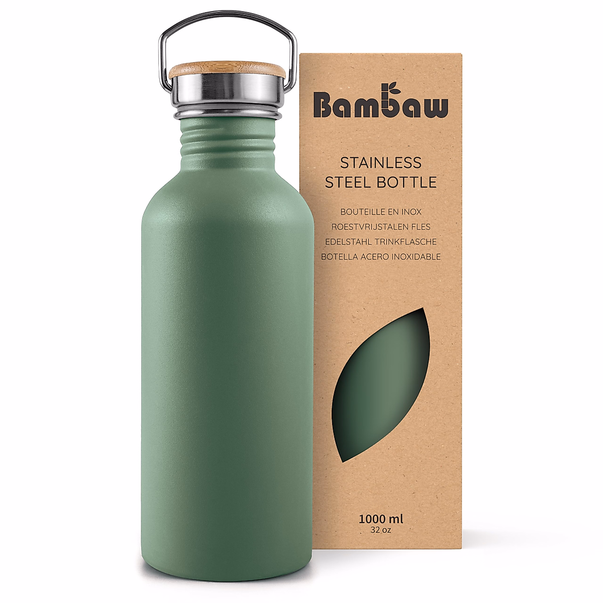 Bambaw Travel Water Bottle 32oz, Green Water Bottle No Straw, Non-insulated Single Wall Stainless Water Bottle, Hiking Water Bottle, 1 Liter Water Bottle with Handle – Sage Green