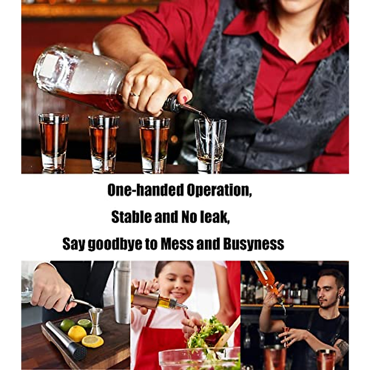 10 Pack Liquor Bottle Pourers, Stainless Steel Pour Spouts with Long Dust Caps Covers, Seal Pour Spout and Air Vent Tube, Hygienic, Dishwasher Safe.