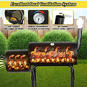 Barrel Charcoal Grill with Offset Smoker, HaSteeL Outdoor BBQ Grill Set of 15, Large Camping Grill for Patio Backyard Garden Smoking Barbecue, Grill Cover, Spatula, Tong, Brush, Fork, Carrying Bag