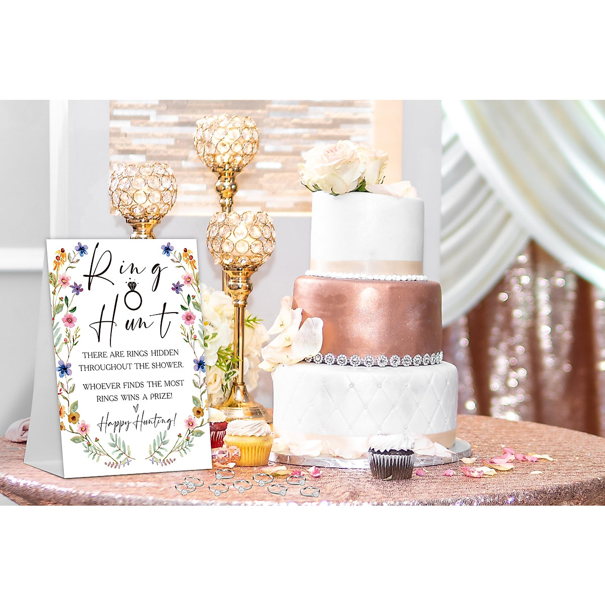 The Ring Hunt Game, Boho Floral Bridal Shower Games with Rings-One Sign and 30 Rings, Bridal Shower and Wedding Shower Games for Guests, Engagement Party Game, Bridal Shower Decorations-LS7