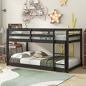 VilroCaz Twin Over Twin Floor Bunk Bed, Solid Wood Low Bunk Bed Frame with Built-in Ladder for Kids Teens Boys Girls, Strong Wood Slats Support (Espresso-K3)