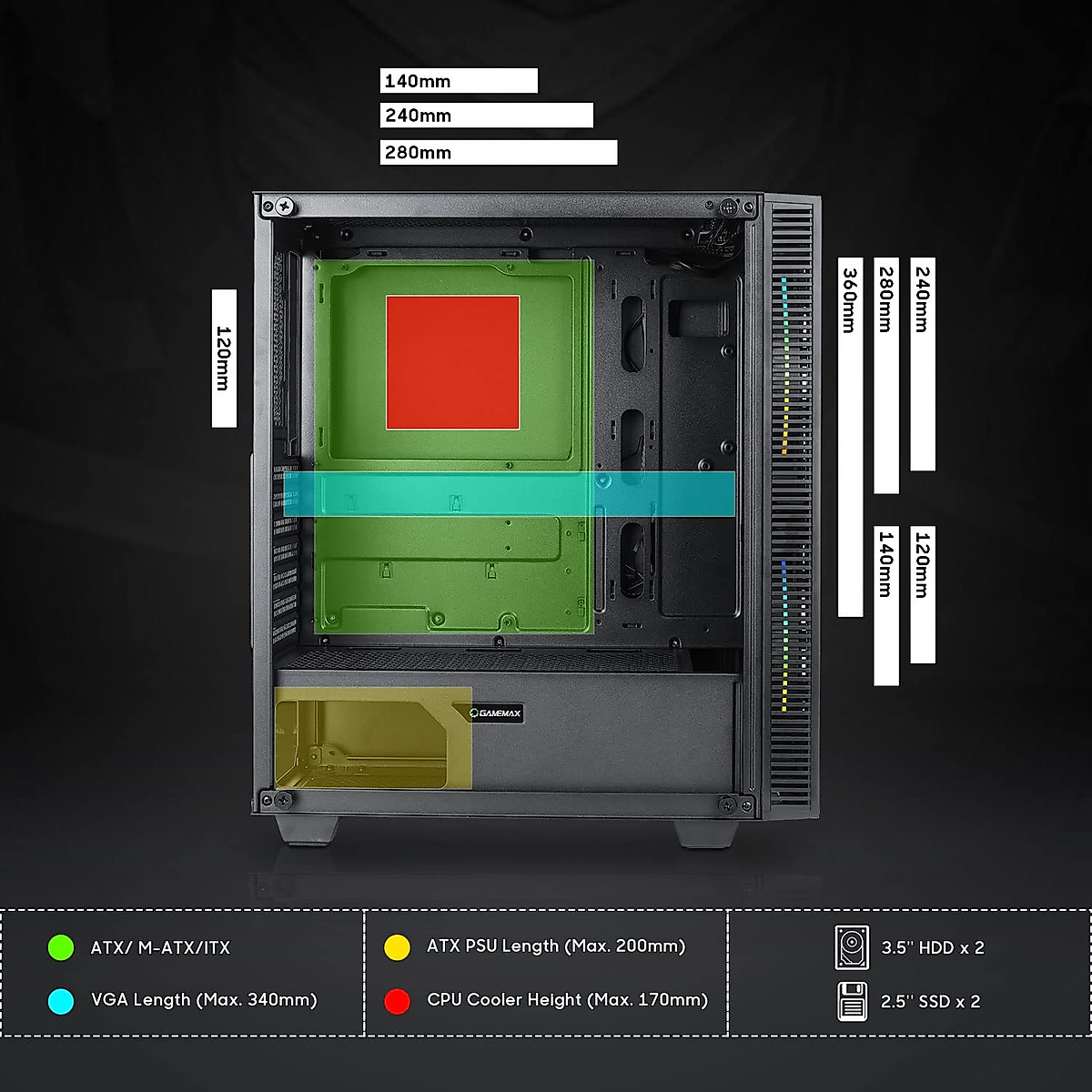 Gaming Case Mid-Tower with Tempered Glass Side Panel, 2x200mm ARGB Fans Included, GAMEMAX Black Hole