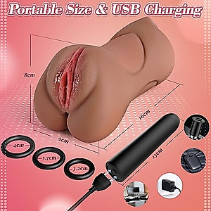 Male Masturbator Sex Toys for Men - 3 in 1 Pocket Pussy Adult Toys Mens Stroker with Bullet Vibrator & 3 Penis Ring, 10 Vibration Modes Male Sex Toy with 3D Realistic Textured Adult Toy for Men