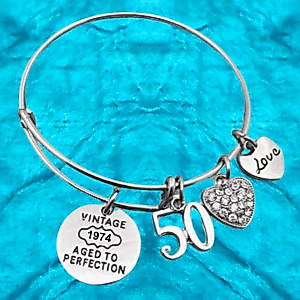 Infinity Collection 50th Birthday Gifts for Women, 50th Birthday Expandable Charm Bracelet, 1974 Aged to Perfection, 50th Birthday Gift Ideas for Women
