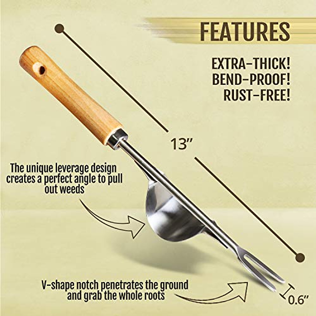Betus Manual Hand Weeder - Bend-Proof Leverage Base for Super Easy Weed Removal & Deeper Digging - Sturdy Chrome Plated Steel - Compact Garden Weed Puller Tool for Yard Lawn and Farm