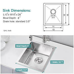 Bar Sink, KINKIB 13 x 15 inch Undermount Bar Sink or Prep Kitchen Sink, Handmade Kitchen Sink Single Bowl T-304 Stainless Steel Small Sink with Strainer