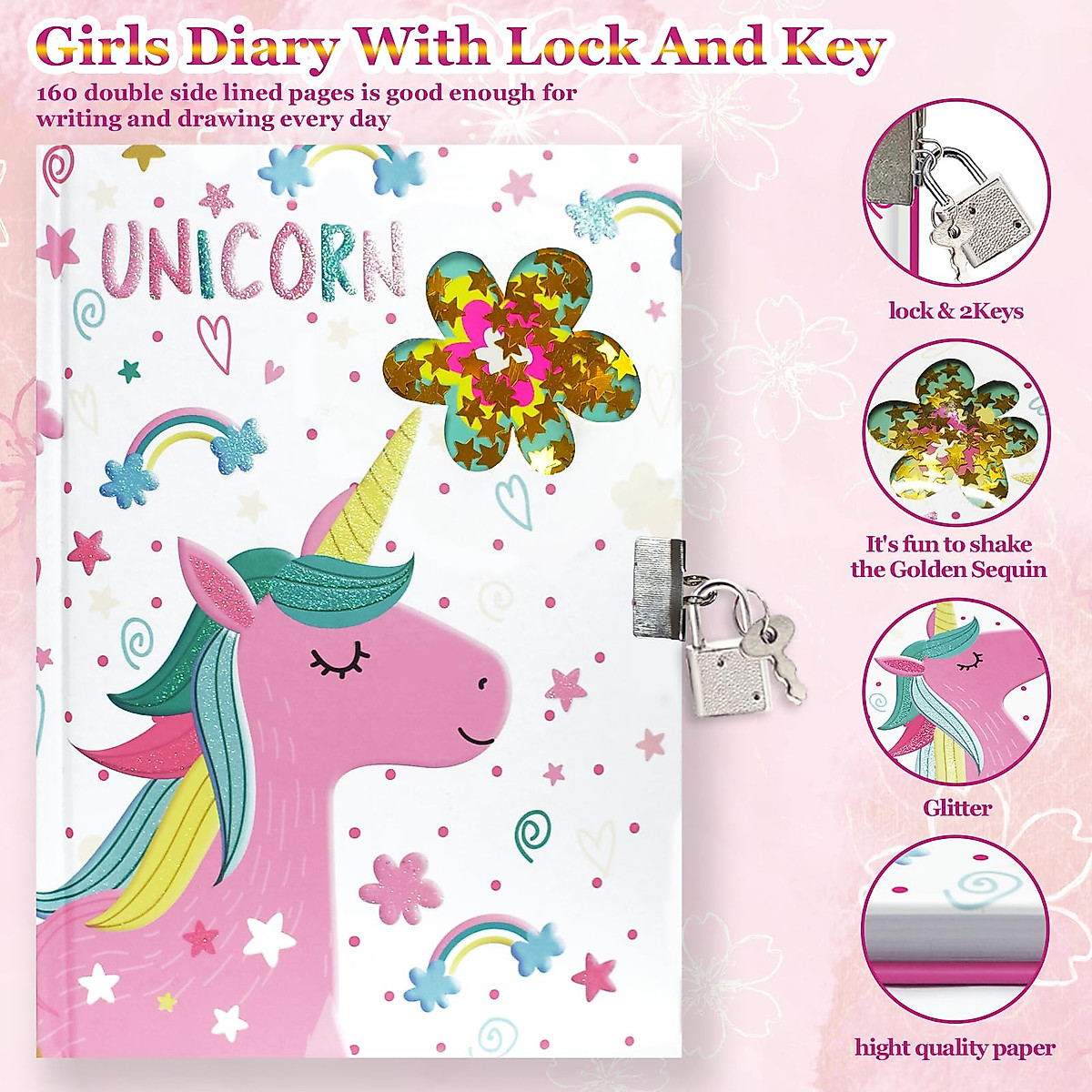 GINMLYDA Girls Diary with Lock for Kids, Unicorn Diaries 7.1x5.3 160 Pages Cute Girl Journal Secret Notebook with Lock and Key for Little Kid Writing Drawing Gift for Pre school Age 6,8,12