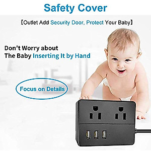 Power Strip with 2 Outlets and 3 USB Ports (1250W/10A), Desktop Charging Station 5 ft Extension Cord, No Surge Protector, Small Size for Home, Indoor, Dorm Room Essentials, Office - Black