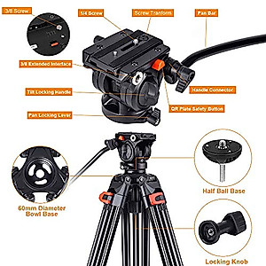 Heavy Duty Tripod Professional Video Tripod Aluminium 72inch with 360 Degree Fluid Head for Canon Nikon DSLR Camcorder Cameras