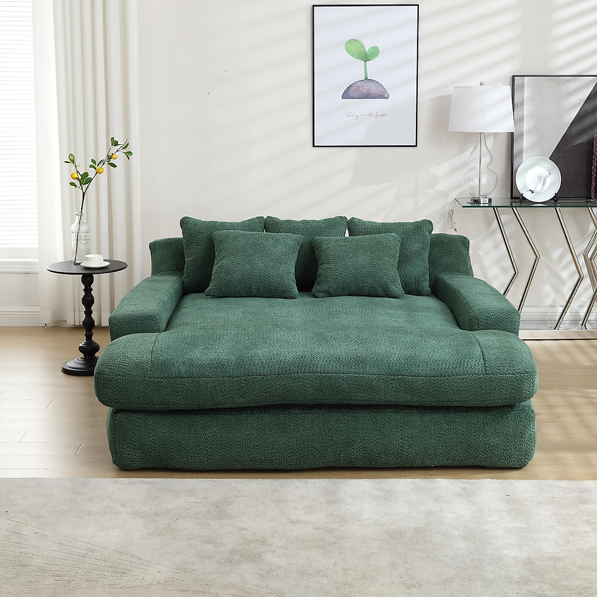 Chenille 2-Seater Lazy Sofa, Loveseat Couch Sofa,Deep Seat Sectional Sofa Cloud Couch, 66" Upholstered Modular Sofa Couch for Living Room, Square Arm Sofa,Sleeper Sofa with 5 Back Pillows Green