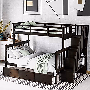 TARTOP Twin Over Full Bunk Bed with Drawer, Wood Bedfram w/Storage Stairway and Guard Rail for Bedroom, Dorm, Adults, No Box Spring Needed,Espresso