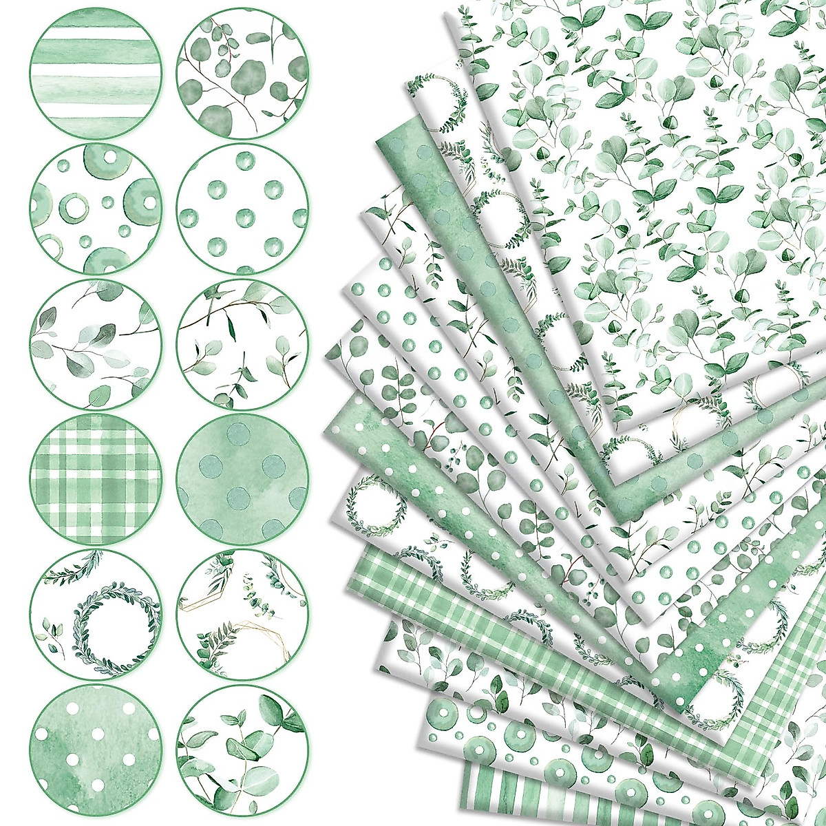 Whaline 12Pcs Greenery Cotton Fabric Bundles Watercolor Green Eucalyptus Leaves Fat Quarters Sewing Fabrics for DIY Handmade Crafting, 18 x 22 Inch