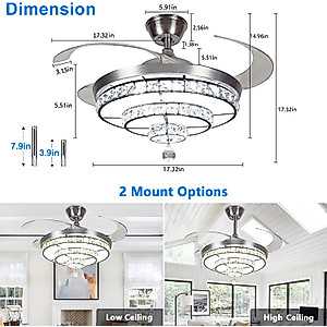 DLLT 42'' Crystal Ceiling Fan with Light, 36W Modern Reversible Ceiling Fan Remote, 3-Blade Retractable LED Fan Chandelier Indoor for Living Room, Bedroom, Dining Room, 3CCT 3000K-6000K, Nickel