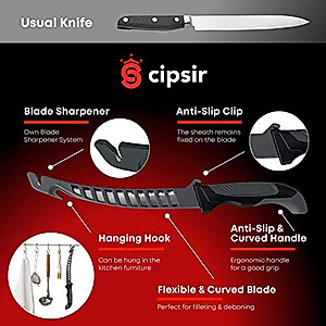 Meat and fish Fillet Knife - Curved salty water resistant german steel 7 inch blade with sheath, sharpener and gift box, ideal for filleting and deboning indoor or outdoor.
