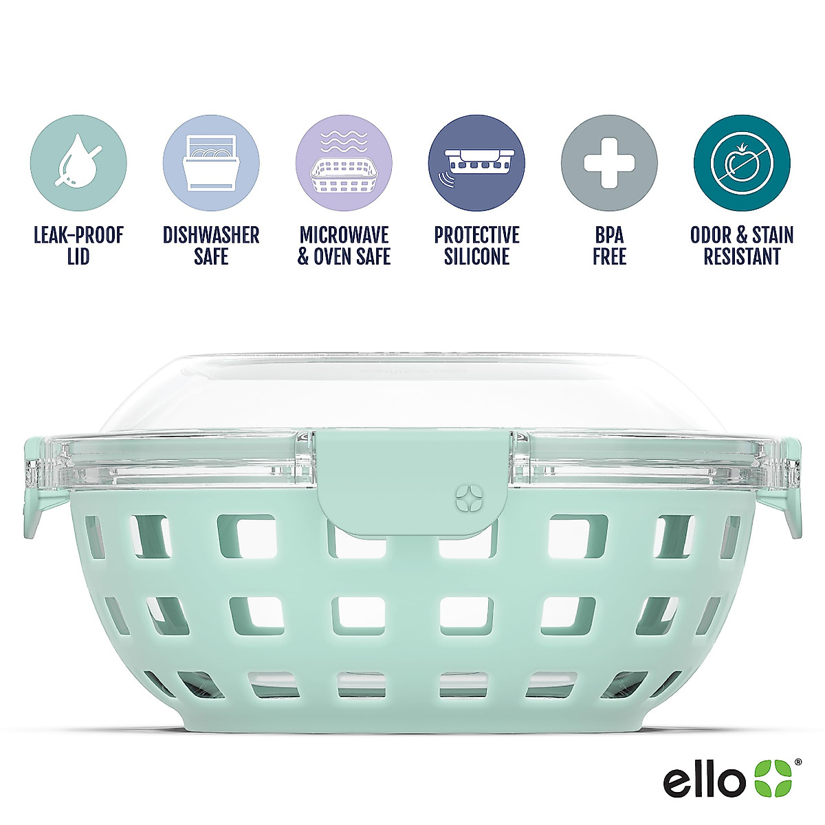Ello DuraGlass Food Storage Glass Lunch Bowl - Meal Prep Container with Silicone Sleeve and Airtight Lid, 5 Cup, Yucca
