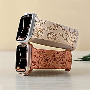 Flower Engraved Silicone Band Compatible with Apple Watch Bands 38mm 40mm 41mm, Cute Women Wildflowers Floral Design Soft Sport Strap Replacement Wristbands for iWatch Series 8 7/SE/6/5/4/3/2/1 (38/40/41mm, Walnut Brown Brown)
