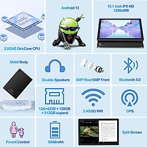 2024 Newest 10 Inch Tablet Android 13 Tablets with Keyboard, 12GB RAM 128GB ROM 512GB Expand, Octa-Core, 5G/2.4G WiFi, HD IPS Display, 8000mAh Tablet PC with Case Mouse GPS Split Screen Support-Black