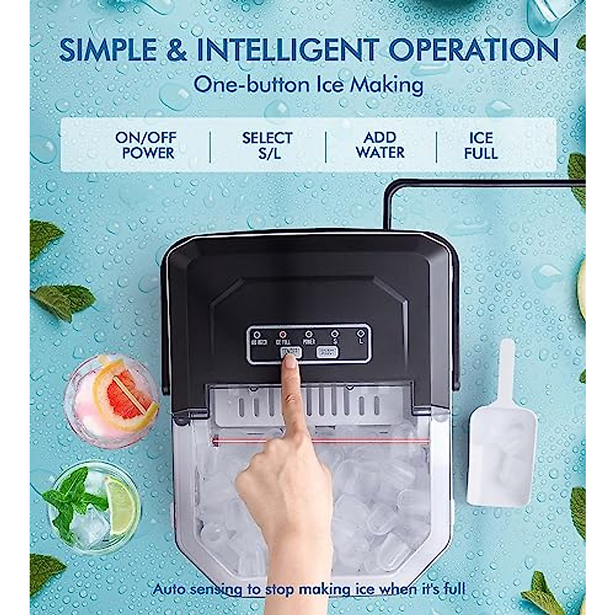Ice Maker Countertop - Portable Ice Machine Makes 26 lbs of Ice in 24 Hours, 9 Ice Cubes in 6 Minutes, Self-Cleaning - Compact Nugget Ice Maker with Scoop and Basket for Home, Kitchen, and RV (Silver)