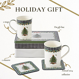 Spode Christmas Tree 2024 Annual 5 Piece Porcelain 12 Fl. Oz. Mug & Tin Set - Holiday Coffee Cup, Christmas Home Décor & Seasonal Coffee Mug - Stocking Stuffer Holiday Gifts - For Tea, Hot Chocolate