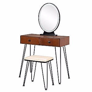 KJNS Brown Makeup Vanity Table Stool Set w/Touch Swith Light 2 Drawers Vanity Desk Makeup Vanity Side Tables Bedroom Vanity Table Portable Desk Vanity Set