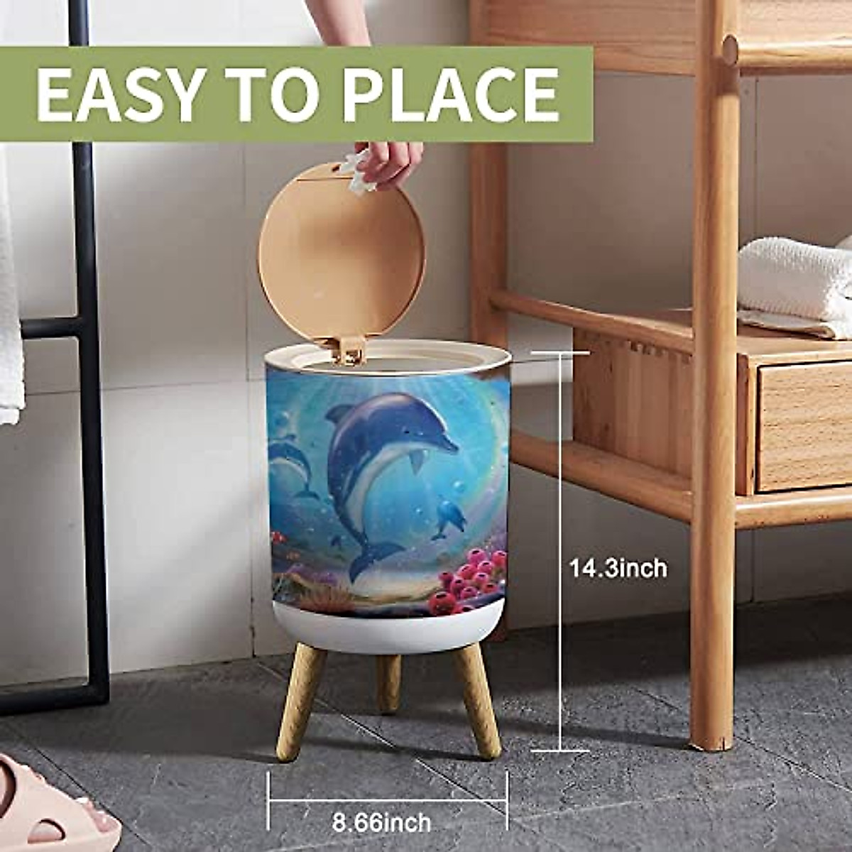 IBPNKFAZ89 Small Trash Can with Lid Pod of Lovable Dolphins Chasing one Another in Colorful Tropical Ocean Garbage Bin Wood Waste Bin Press Cover Round Wastebasket for Bathroom Bedroom Office Kitchen