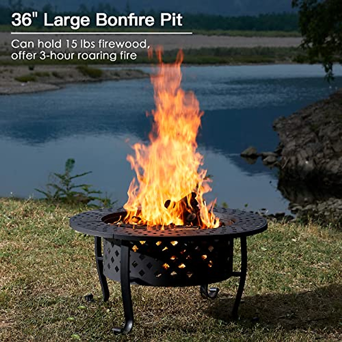 PaPaJet 36 Inch Fire Pit with 2 Grill, Outdoor Wood Burning Firepit with Lid, Metal Round Table for Backyard Patio Garden Picnic Camping Bonfire