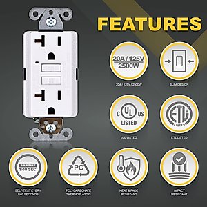 GFCI Outlet 20 Amp [3-Pack], Non-Tamper-Resistant GFI Duplex Receptacles with LED Indicator, Self-Test Ground Fault Circuit Interrupter, ETL Listed, White, 3 Piece
