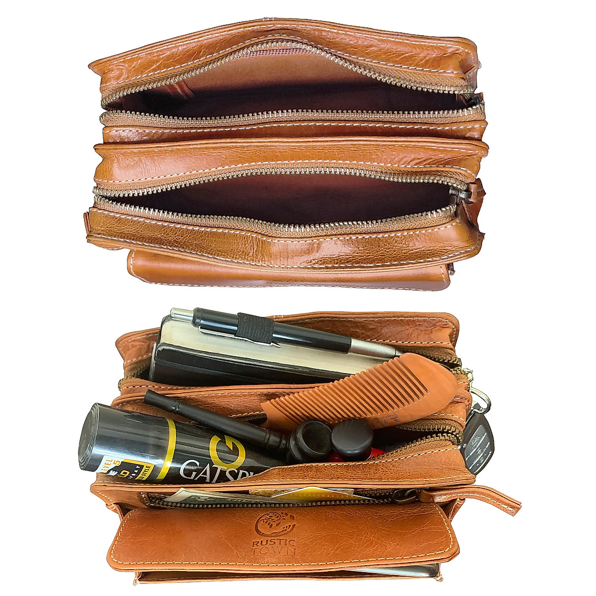 Rustic Town Leather Wristlet Wallet Handbag for Men, Cognac